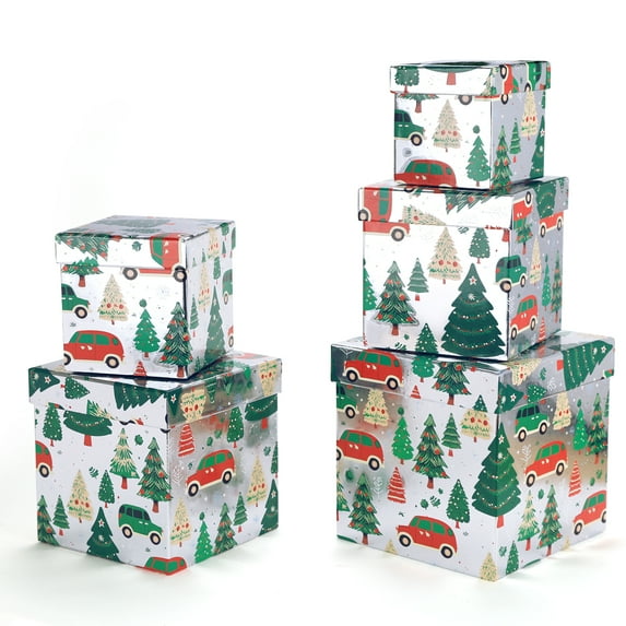 PAPER FAIR 5PCS Christmas Nesting Gift Boxes Set, Silver Foil Xmas Tree ...