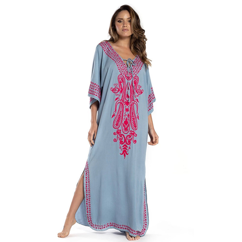 Embroidery Kaftan Beach Tunic Cotton Beach Cover up Saida de Praia ...
