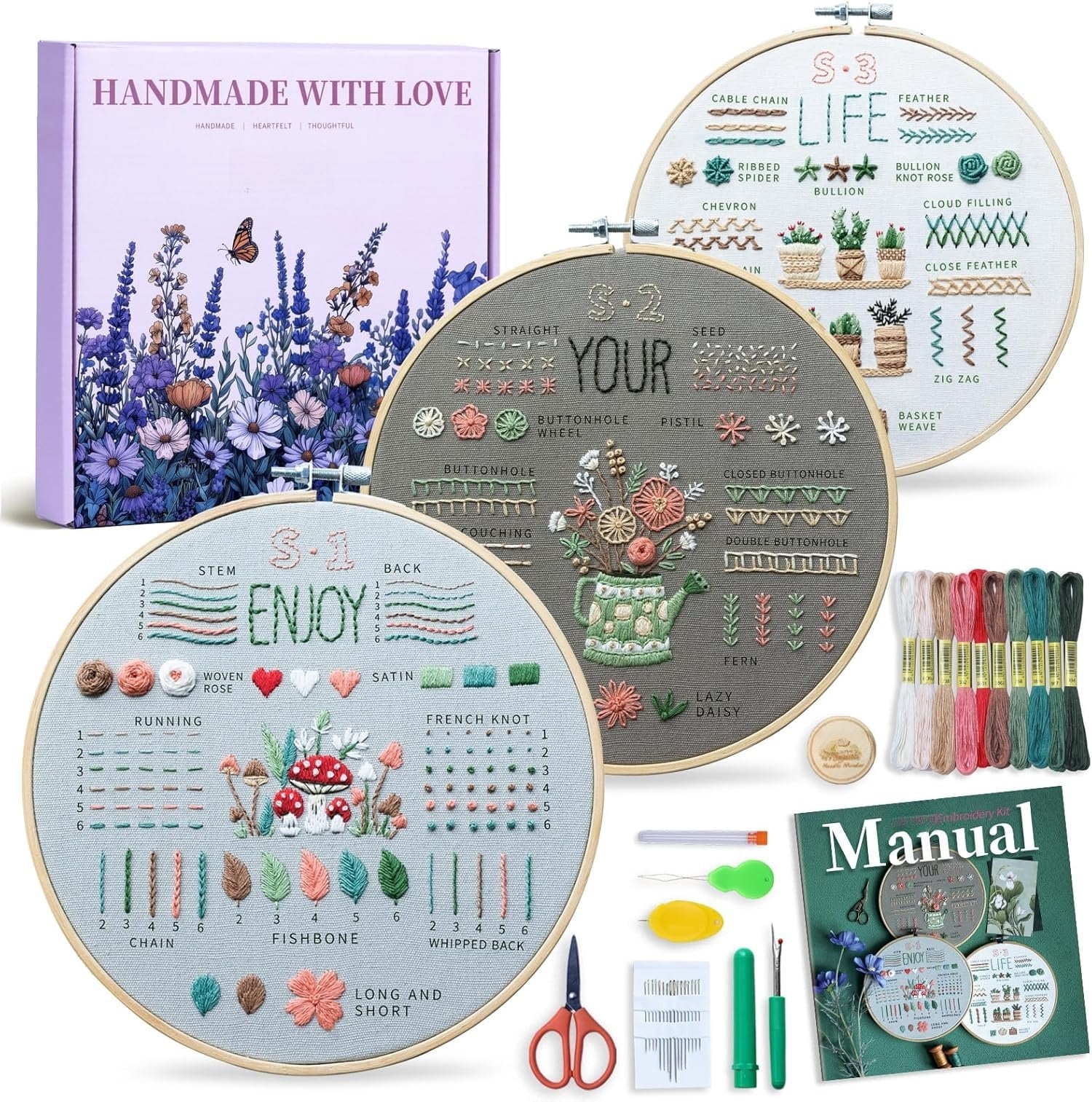 Embroidery Kit for Adult Beginners, 3- 33-Stitch Practice Samplers, Pre ...
