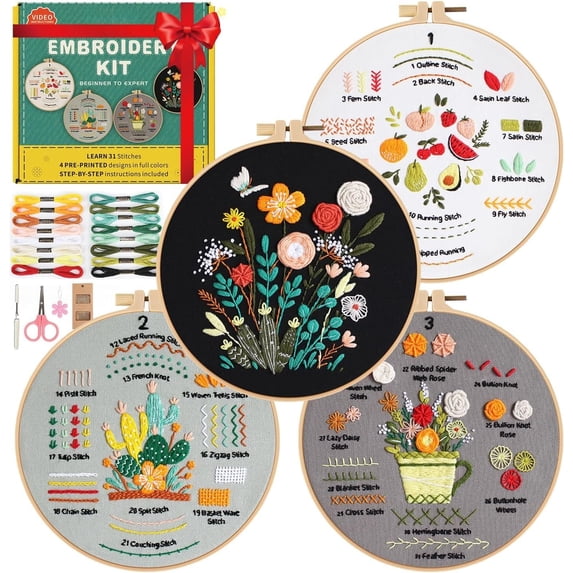 Embroidery Kit for Beginners, 4 Starter Embroidery Kits for Learn 31 ...