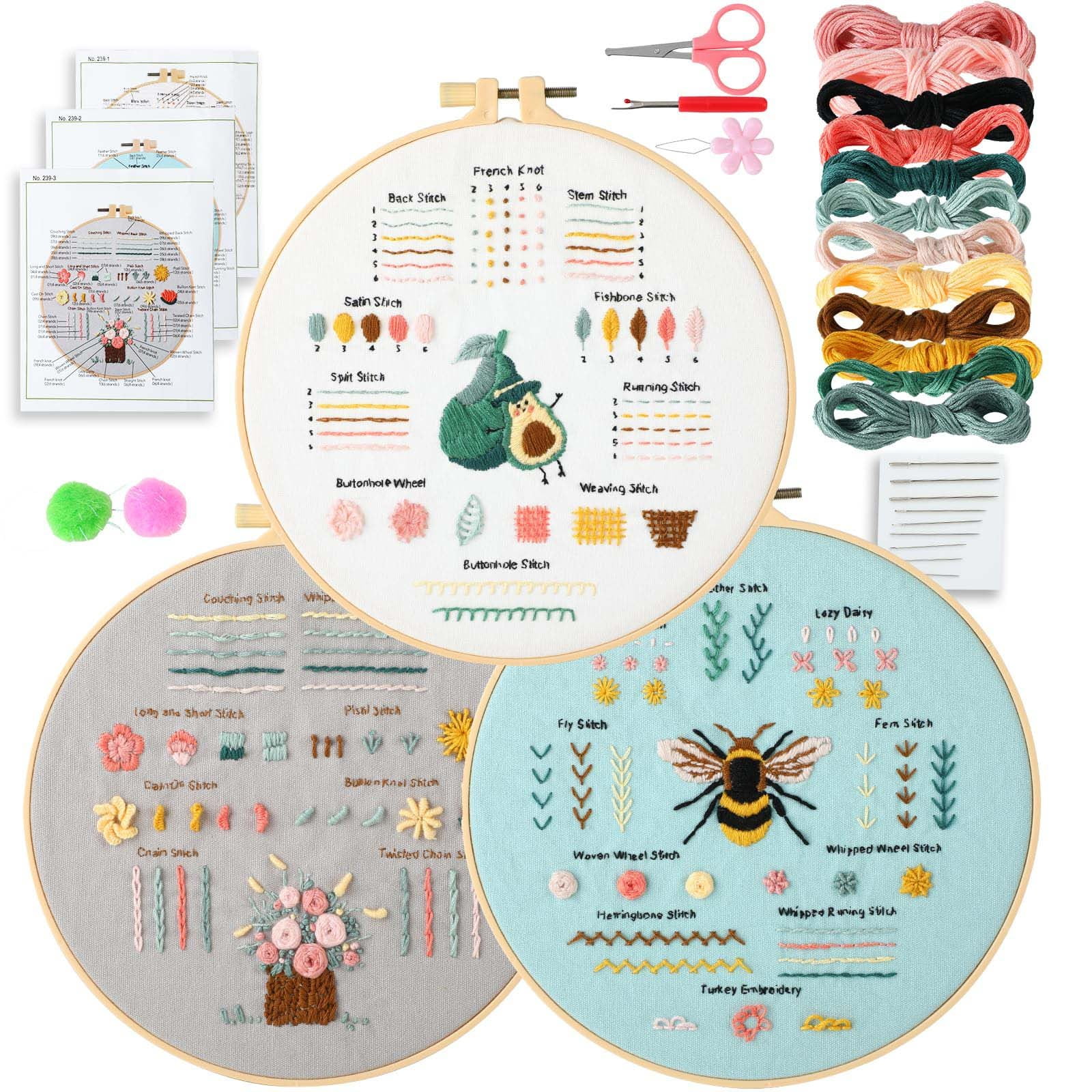 Embroidery Kit For Beginners Adults: 3 Embroidery Kit Includes Stamped ...