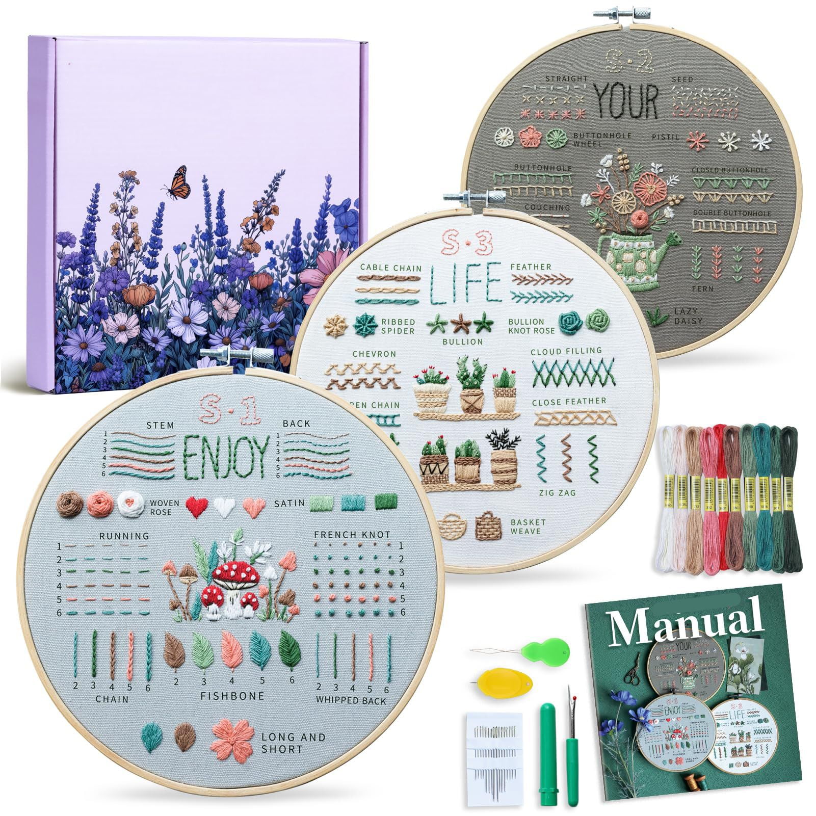 Embroidery Kit for Adult Beginners, 33-Stitch Practice Samplers, Pre ...
