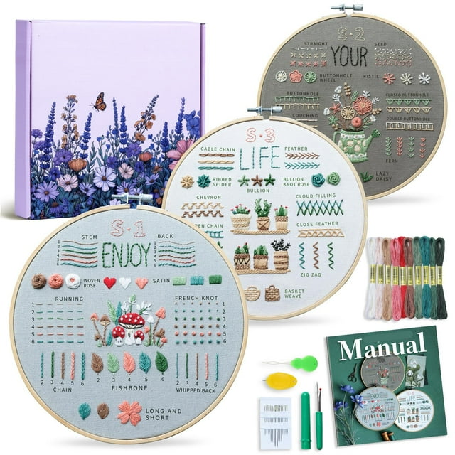 Embroidery Kit for Adult Beginners, 33-Stitch Practice Samplers, Pre ...
