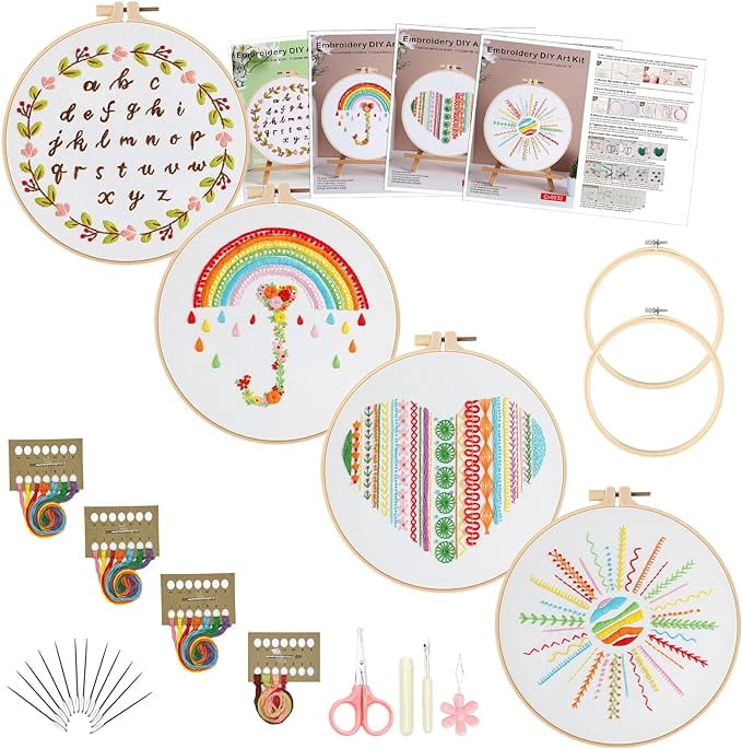 Embroidery Kit for Beginners Adults, 4 Sets Rainbow Letter Stitches ...
