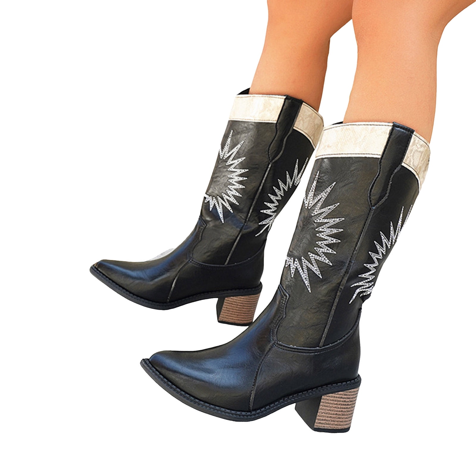 Embroidery Knee High Cowboy Boots Women Stacked Heel Splice Leather ...