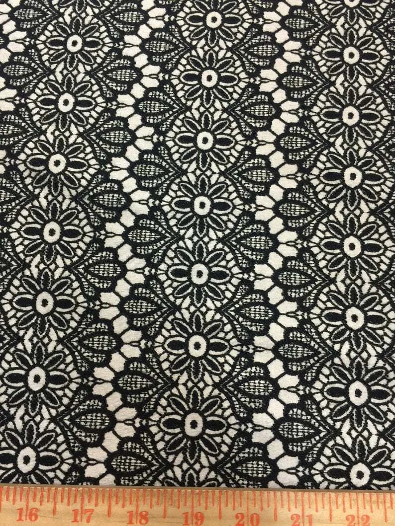 Embroidery Lace On Stretch French Cotton Black N Off White Floral ...