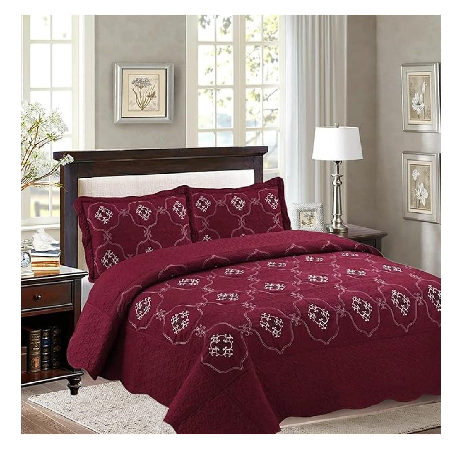 Embroidery Quilt Set 3-Piece California King Burgundy - Lightweight ...