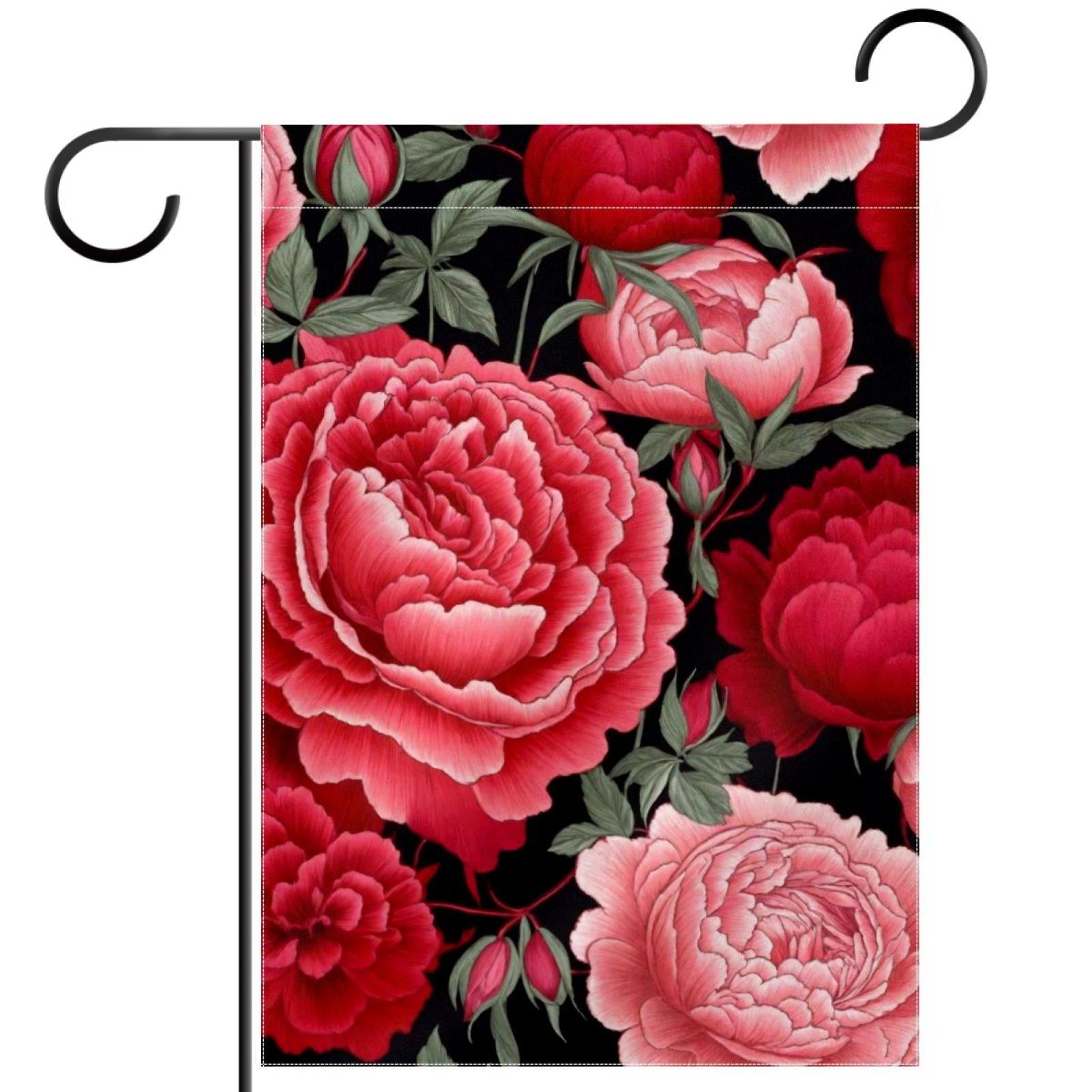 Embroidery Red Roses Pink Peonies Decorative Garden Flag for All ...