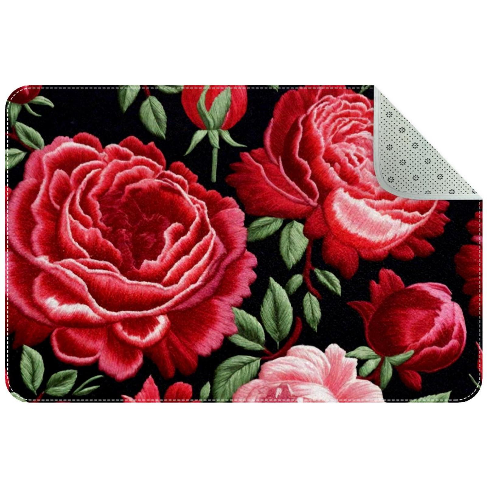 Embroidery Red Roses and Pink Peonies Pattern Entryway Rug, 2x3 Area ...