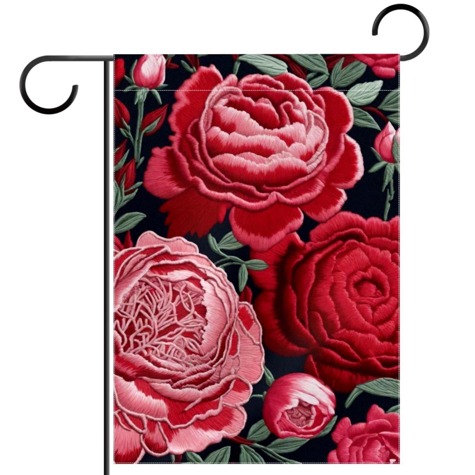 Embroidery Red Roses and Pink Peonies Welcome Garden Flags, 12 x 18 ...