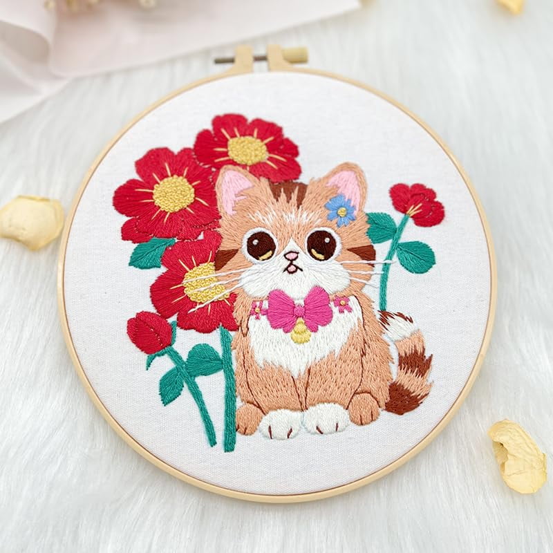 Embroidery Starter Kits Cat & Flowers with Pattern and Instructions ...