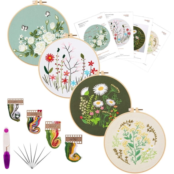Embroidery Starters Kit with for Beginners, 4 Stitch Kits, 2 Wooden ...