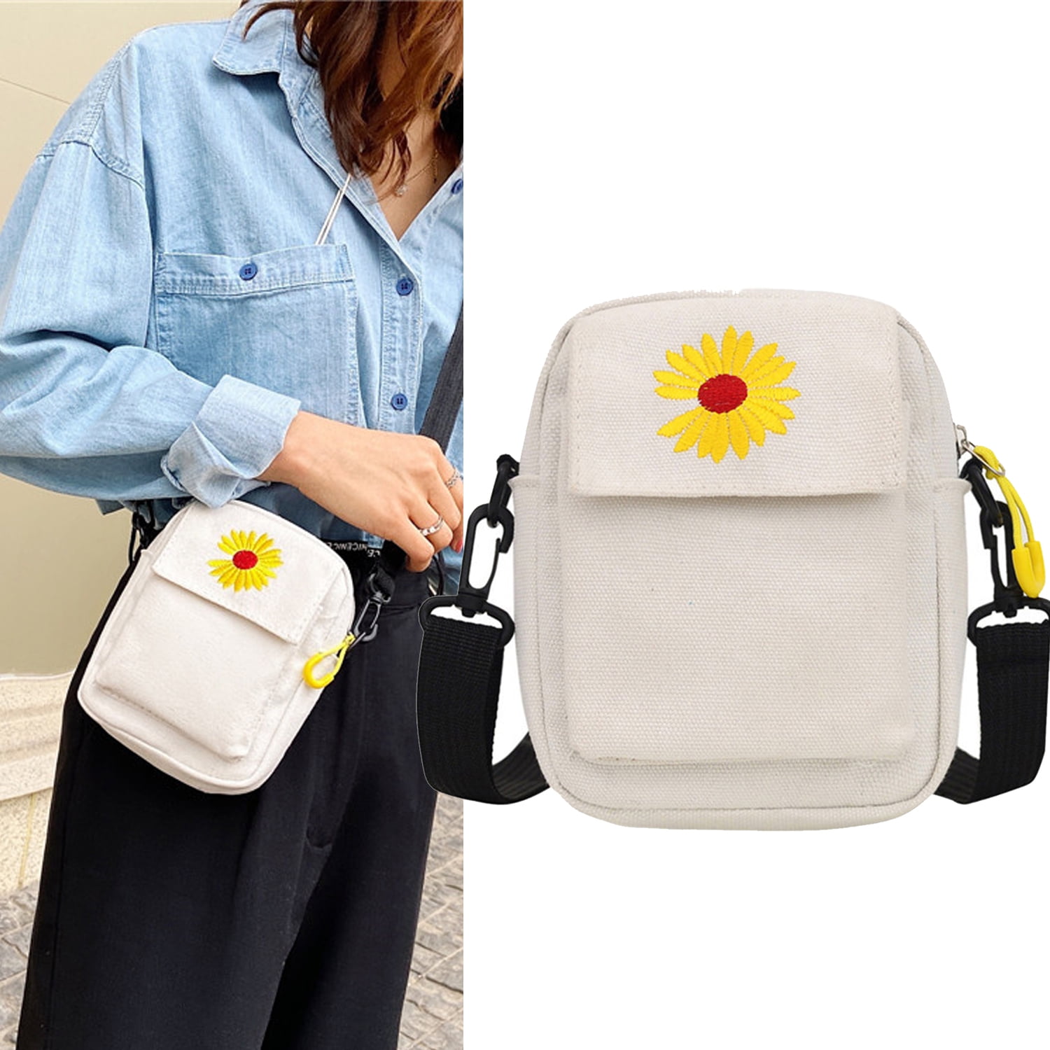 Embroidery Zipper Crossbody Bag Canvas Mobile Phone Handbag Women's ...