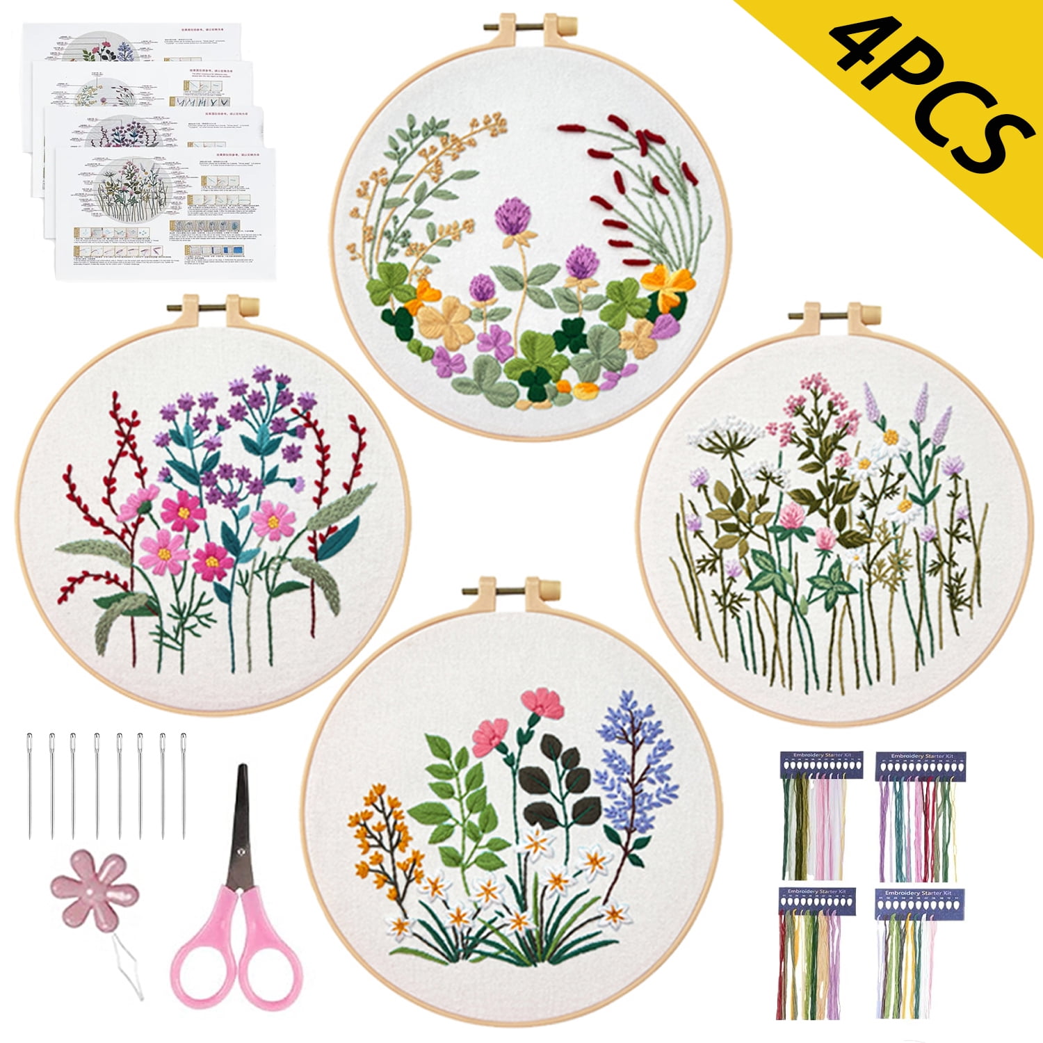 "Jiaroutk Embroidery Kit for Beginners Adults, 4 Sets Floral Pattern ...
