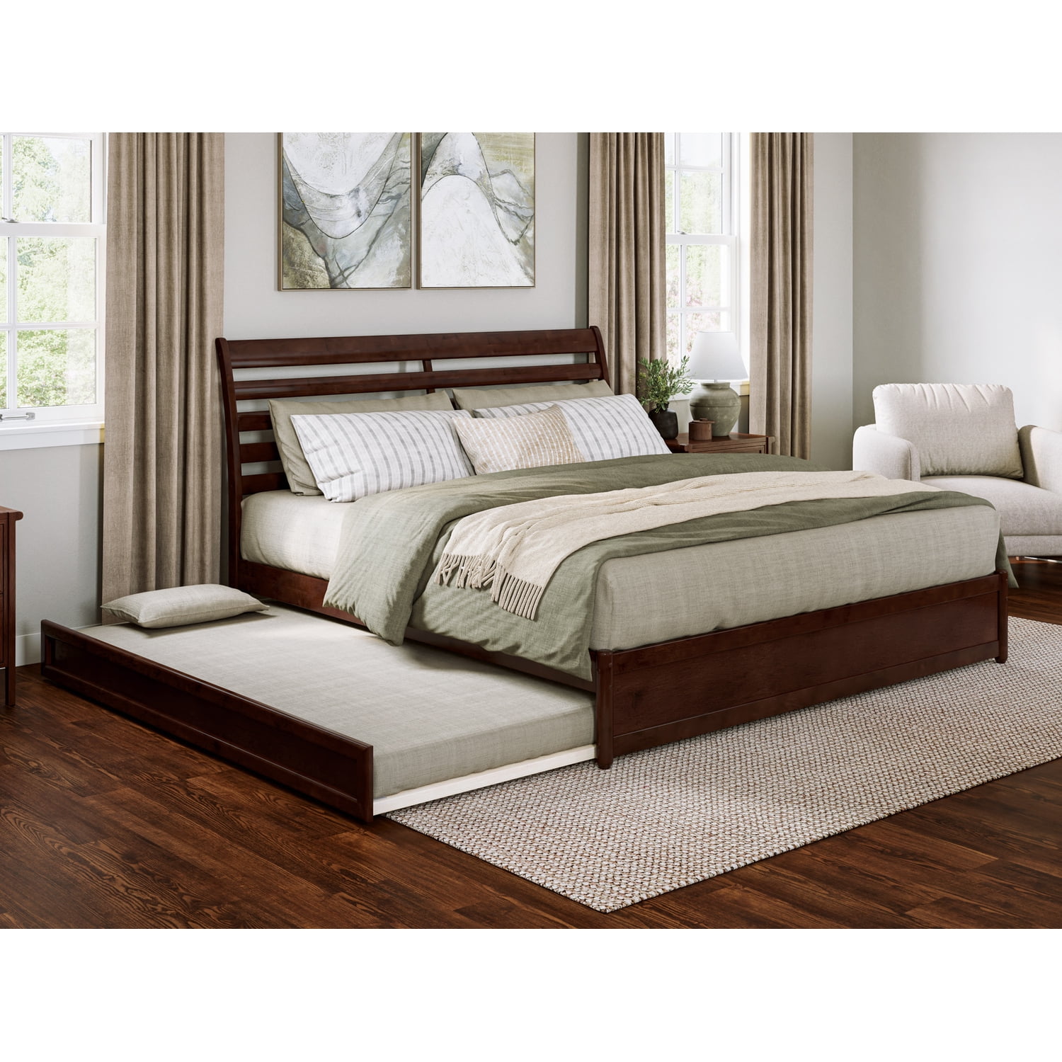 Emelie King Wood Platform Bed with Panel Footboard and Twin XL Trundle ...