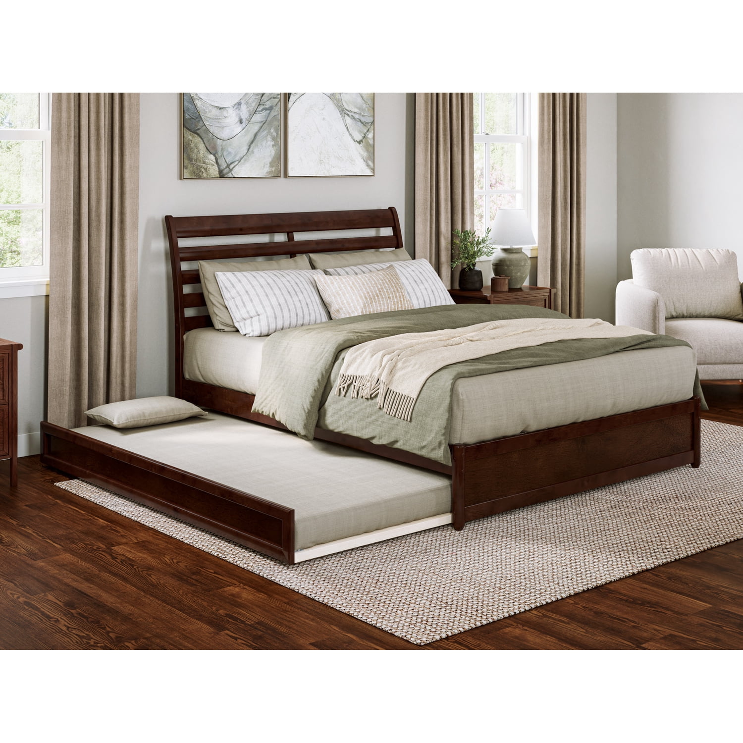 Emelie Queen Wood Platform Bed with Panel Footboard & Twin XL Trundle ...