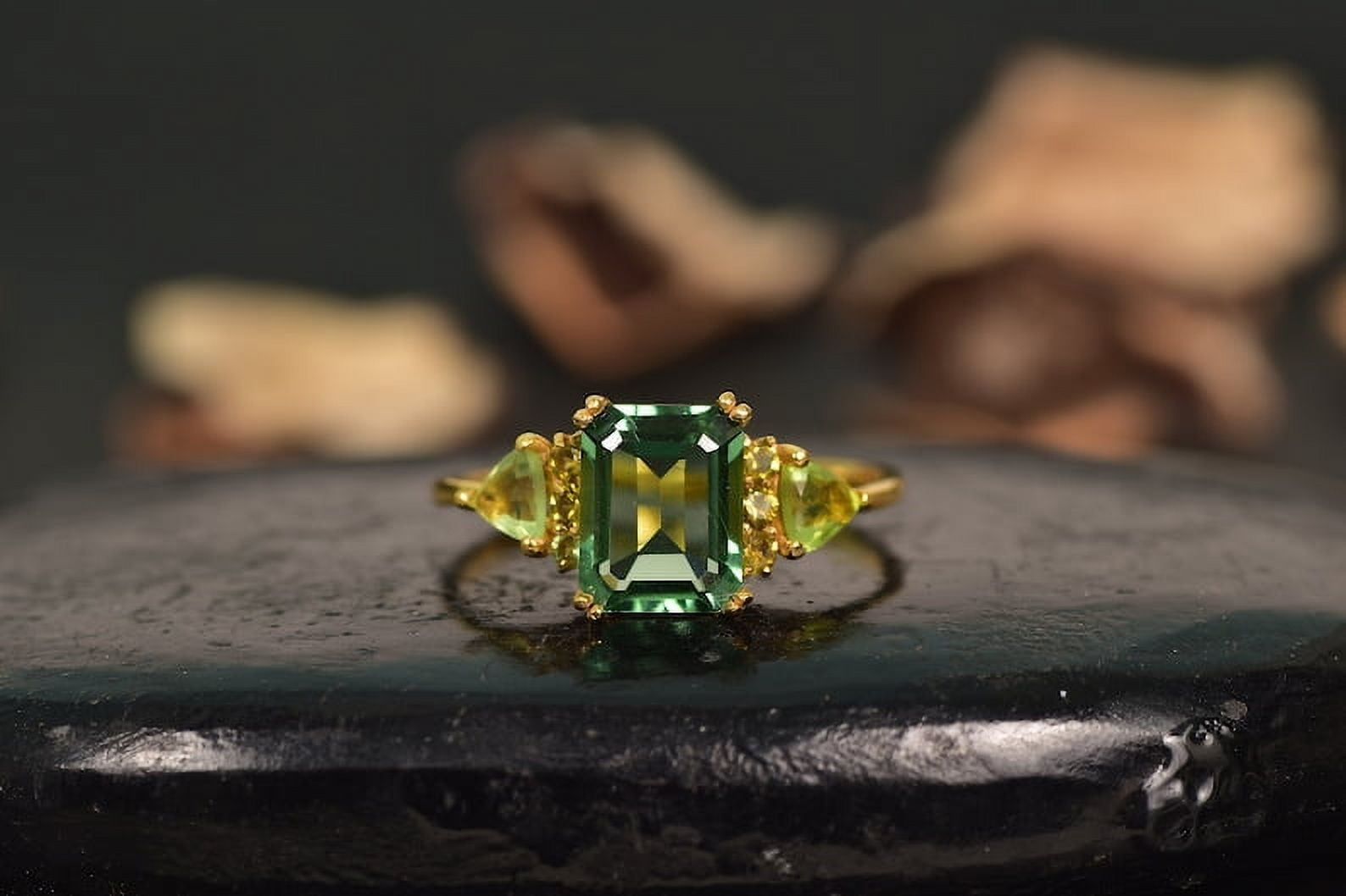 Emerald And peridot Ring,14k Gold Wedding Ring,Delicate Bridal Promise ...