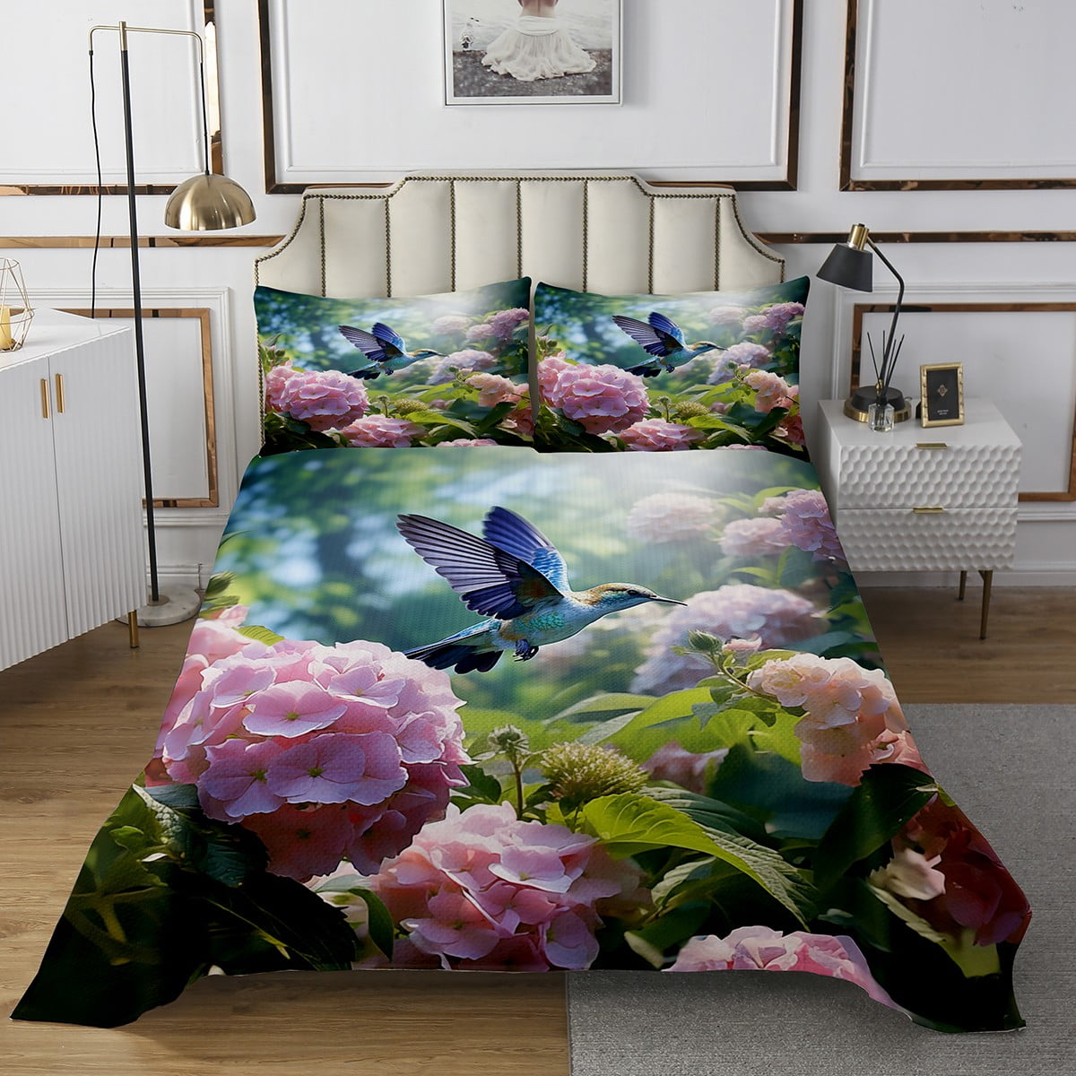 Emerald Bird Quilt Set Hummingbird Bedspread Set Twin,Bohemian Flowers ...