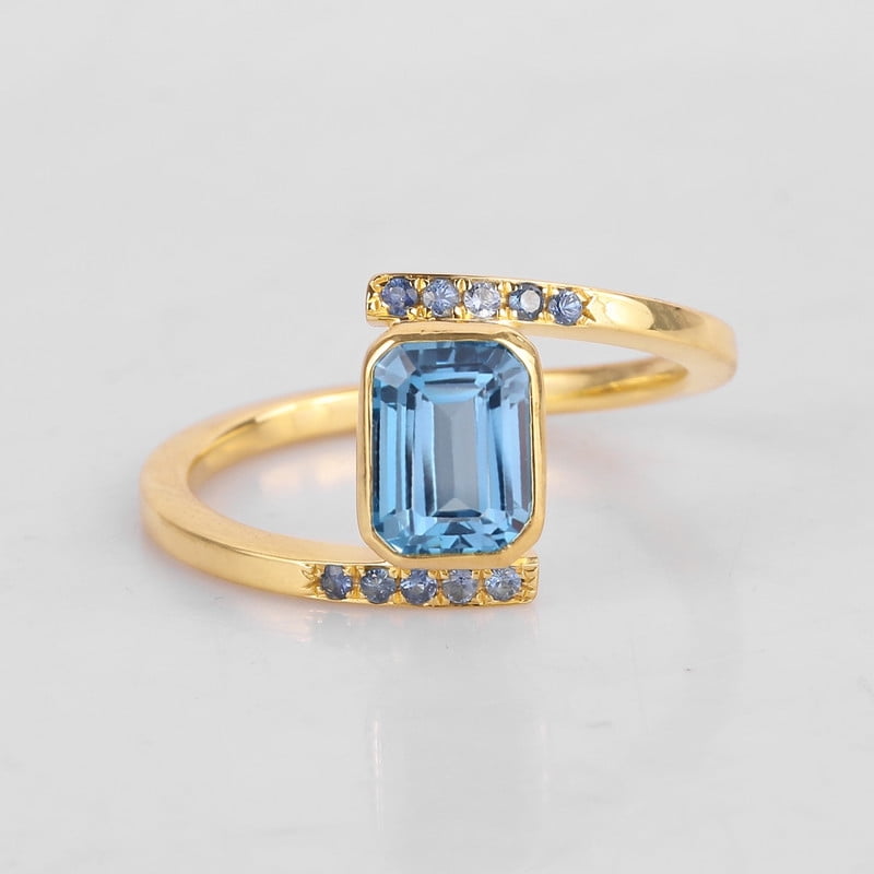 Emerald Cut Aquamarine And Blue Sapphire Gemstone Ring, Minimalist ...