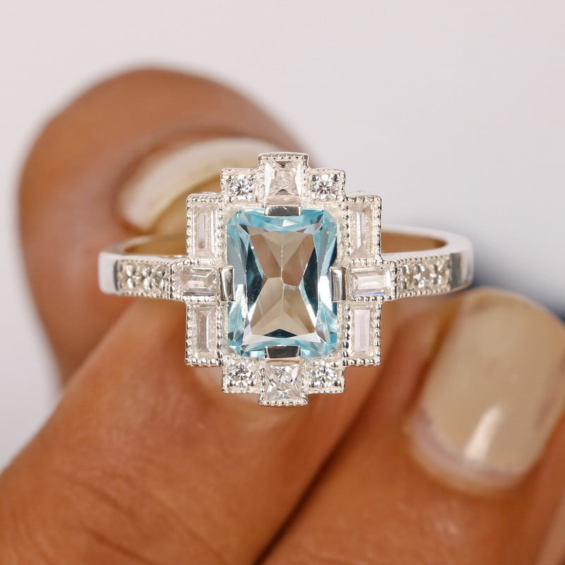 Emerald Cut Aquamarine Ring, Diamond Vintage Ring, 925 Sterling Silver ...