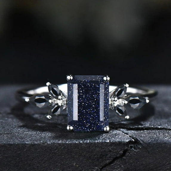 Emerald Cut Blue Sandstone Engagement Ring - 925 Sterling Silver ...