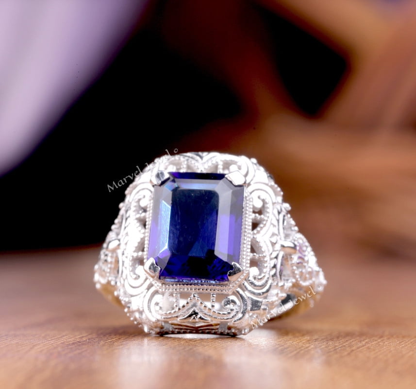 Emerald Cut Blue Sapphire Engagement Ring, Openwork Filigree At Deco Ring, Milgrain Ring, 2.1 Ct ...