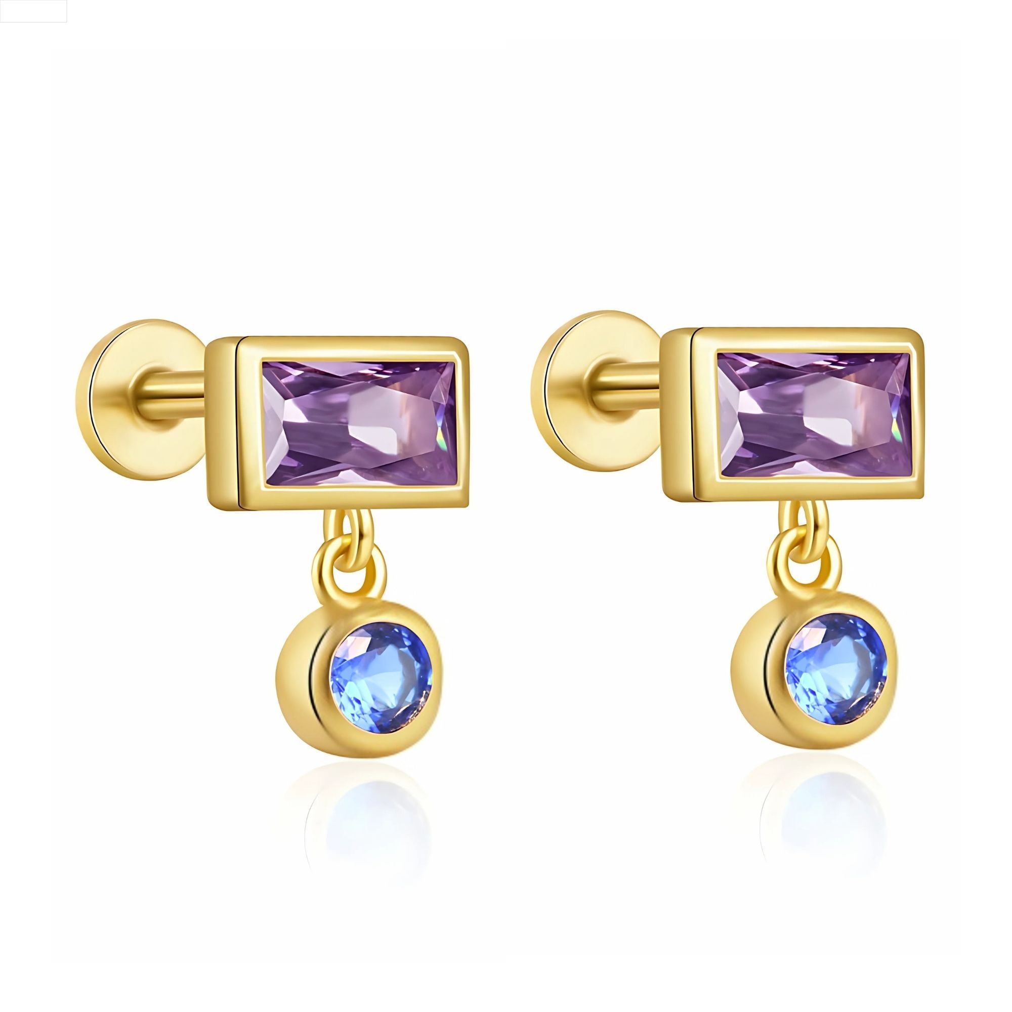 Emerald Cut CZ Flat Back Earrings for Cartilage Helix Tragus Lobe Gold ...