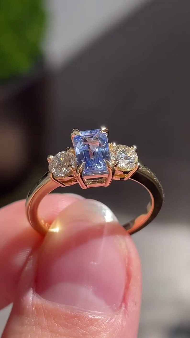 Emerald Cut Ceylon Blue Sapphire Engagement Ring, 10k Yellow Gold Three ...