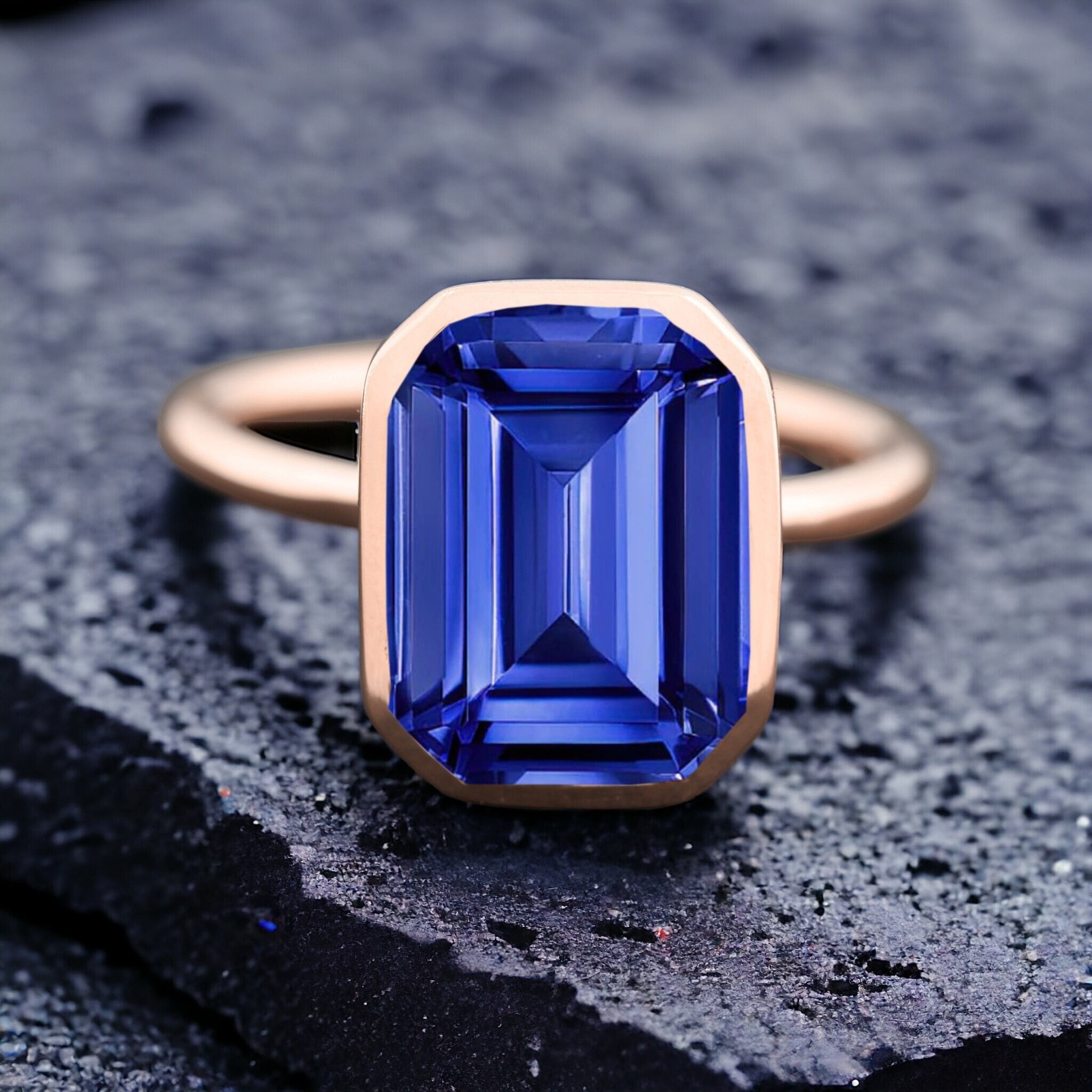 Emerald Cut Ceylon Blue Sapphire Ring, Solitaire Bridal Ring, Delicate ...
