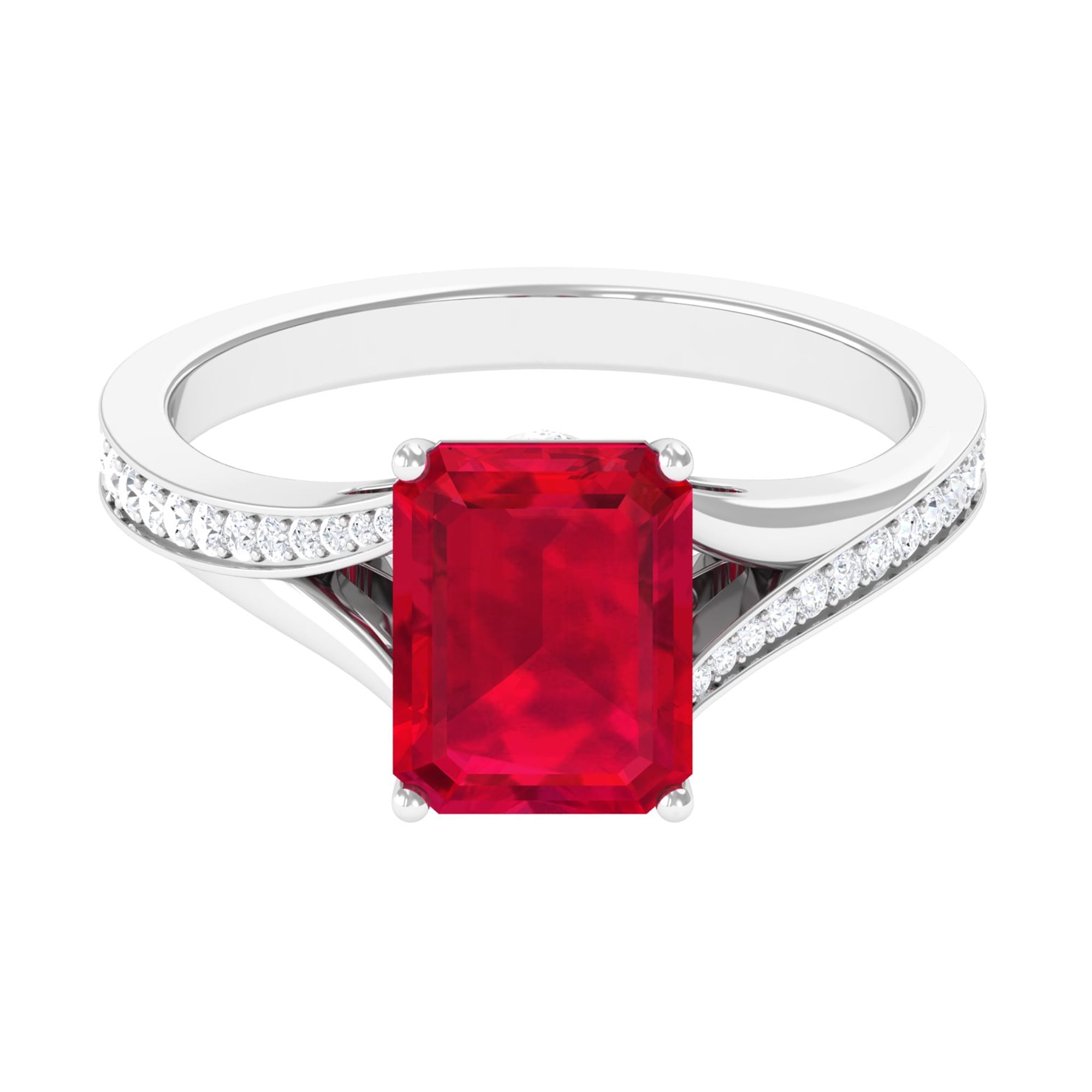 Emerald Cut Created Ruby Solitaire Ring with Diamond, Split Shank Ring (7X9 mm), 925 Sterling ...