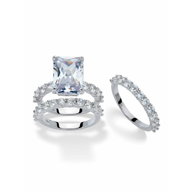 Emerald Cut Cubic Zirconia Platinum Over Sterling Silver 2 Piece