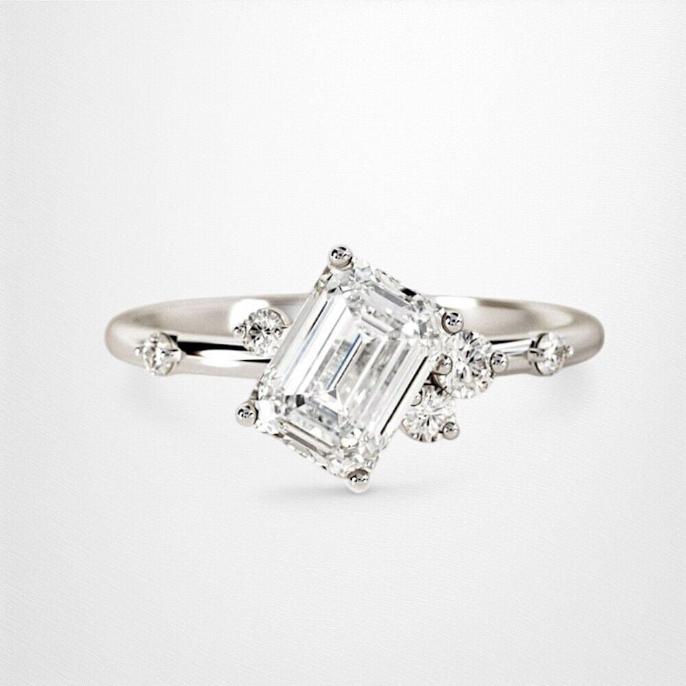 Emerald Cut Diamond Engagement Ring, Cluster Diamond Ring, Stackable ...