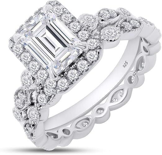 Emerald Cut Diamond Wedding Bridal Ring Set, Halo Diamond Ring Set ...