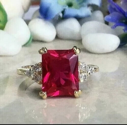 Emerald Cut Lab Created Red Ruby Engagement Ring 14K White Gold Plated ...