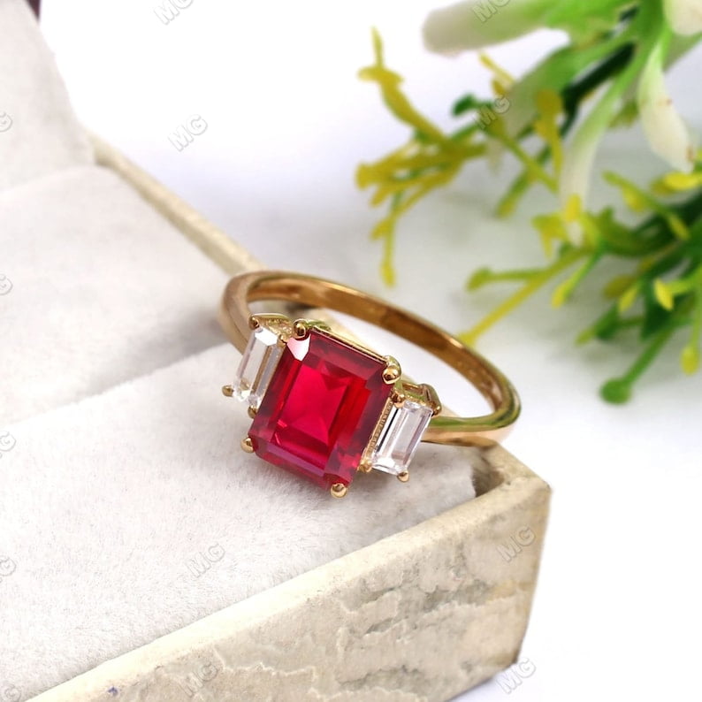 Emerald Cut Lab Created Ruby Engagement Ring For Women, Vintage Wedding ...