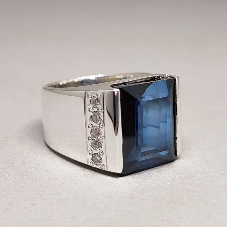 Emerald Cut Natural Blue Sapphire Gemstone Ring for Men,s 925 Sterling ...