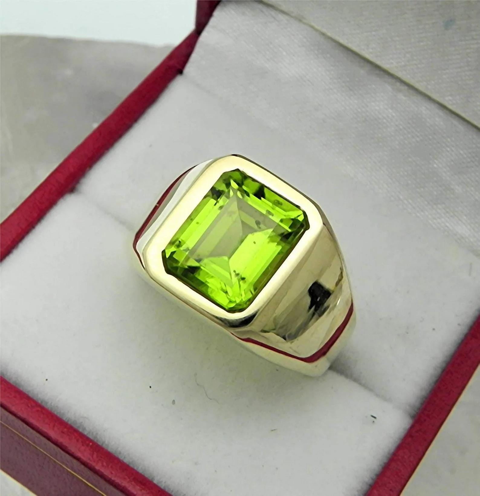 Emerald Cut Peridot Men's Ring, 14k Gold Emerald Cut Bezel Ring, August ...