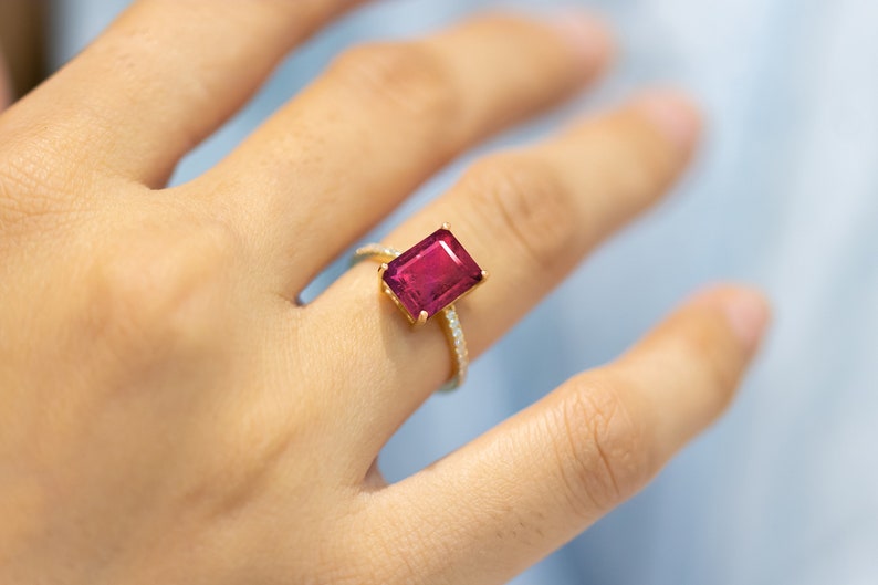 Emerald Cut Ruby Engagement Ring/14k Gold Moissanite Eternity Ring/July ...