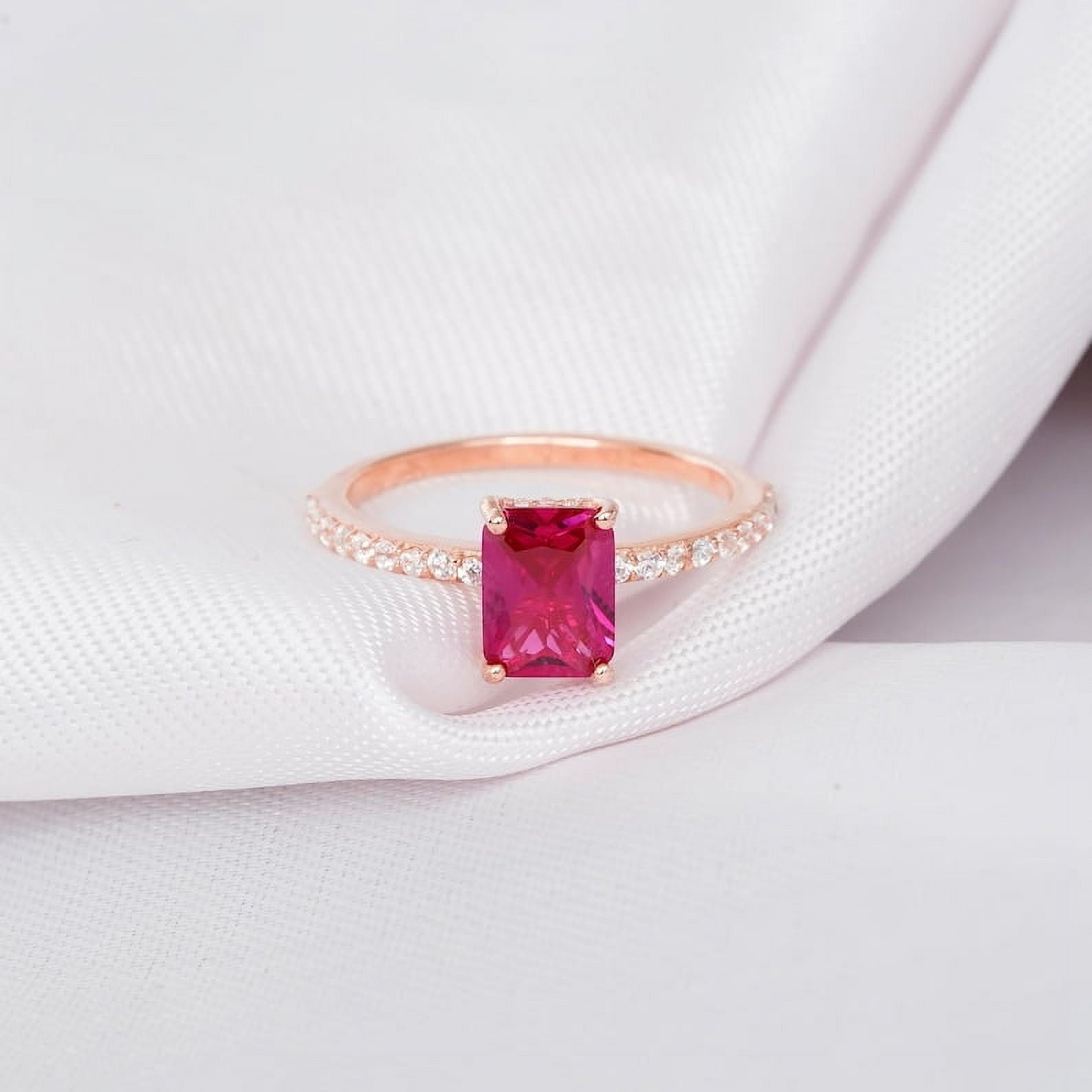 Emerald Cut Ruby Engagement Ring For Women 925 Sterling Silver Pink Ruby Wedding Ring Proposal ...
