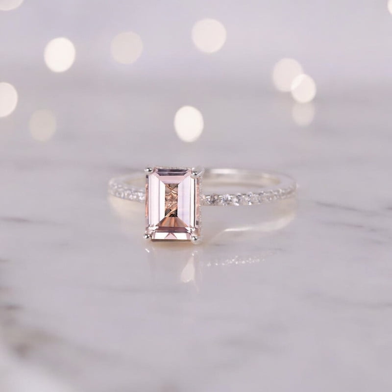 Emerald Cut Solitaire Morganite Engagement Ring 925 Sterling Silver ...