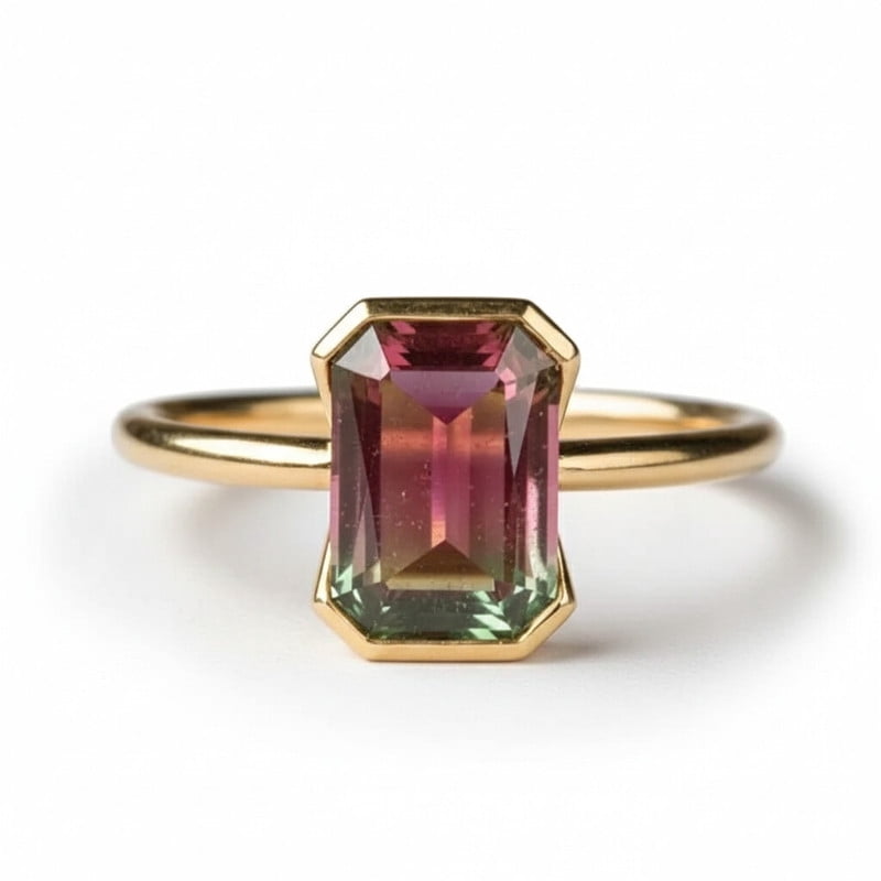 Emerald Cut Solitaire Watermelon Tourmaline Engagement Ring, Half Bezel ...