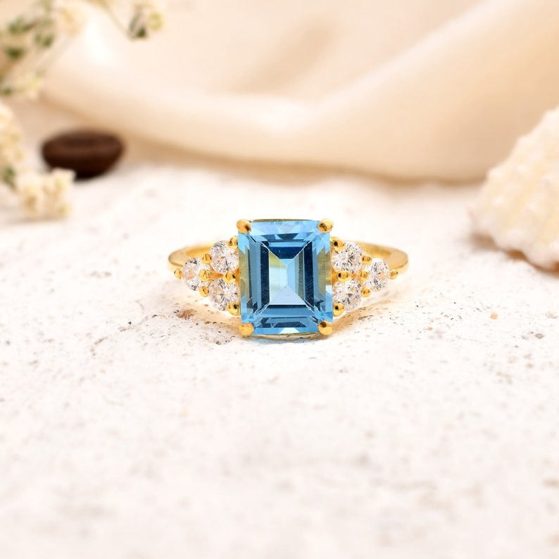 Emerald Cut Swiss Blue Topaz Engagement Ring, Three Stone Set 4 carats ...