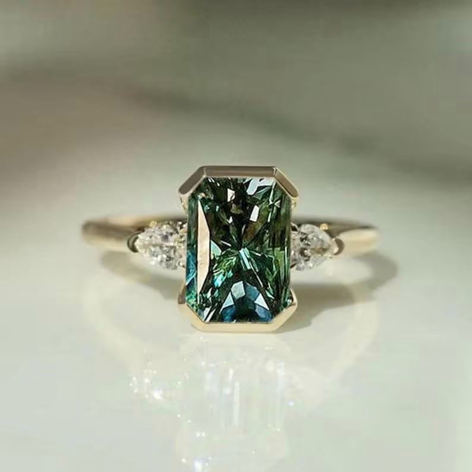 Emerald Cut Teal Tourmaline & Pear Cut Moissanite Engagement Ring ...