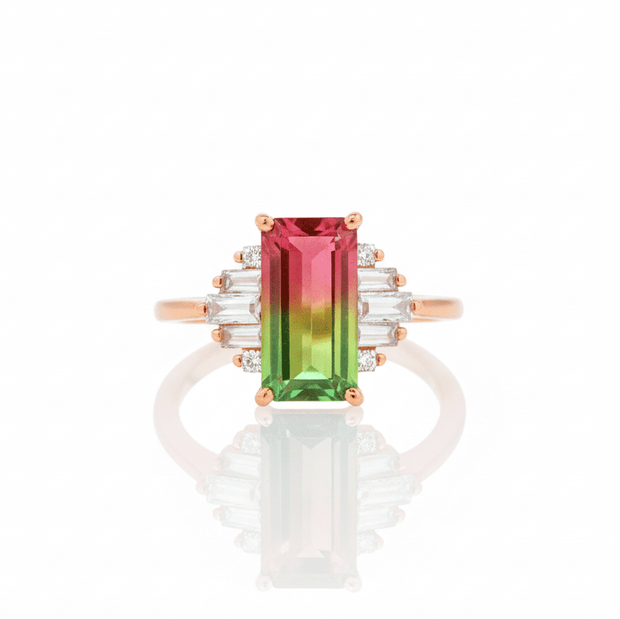 Emerald Cut Tourmaline & Baguette Diamond Cluster Ring, Wedding Ring ...