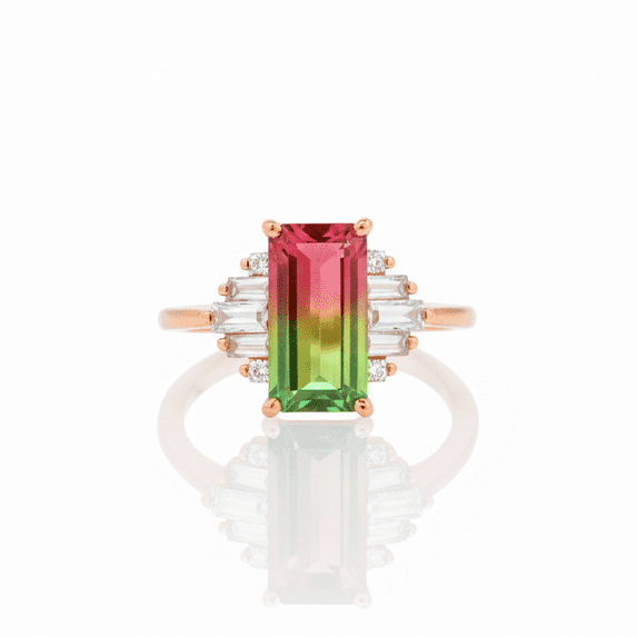 Emerald Cut Tourmaline & Baguette Diamond Cluster Ring, Wedding Ring ...