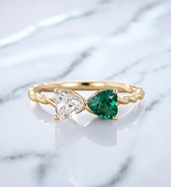 Emerald Diamond Ring 2 Stones Moissanite Diamond Toi Et Moi 2 Heart ...