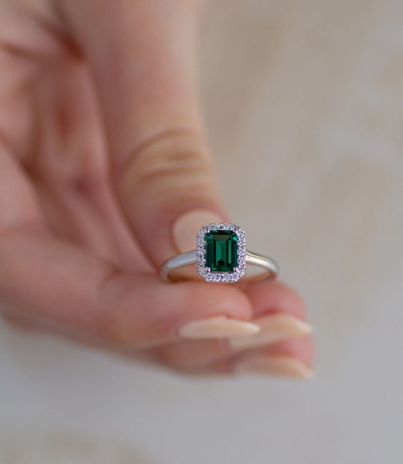 Emerald Engagement Ring, Rectangle Emerald Ring, Green Emerald Ring ...