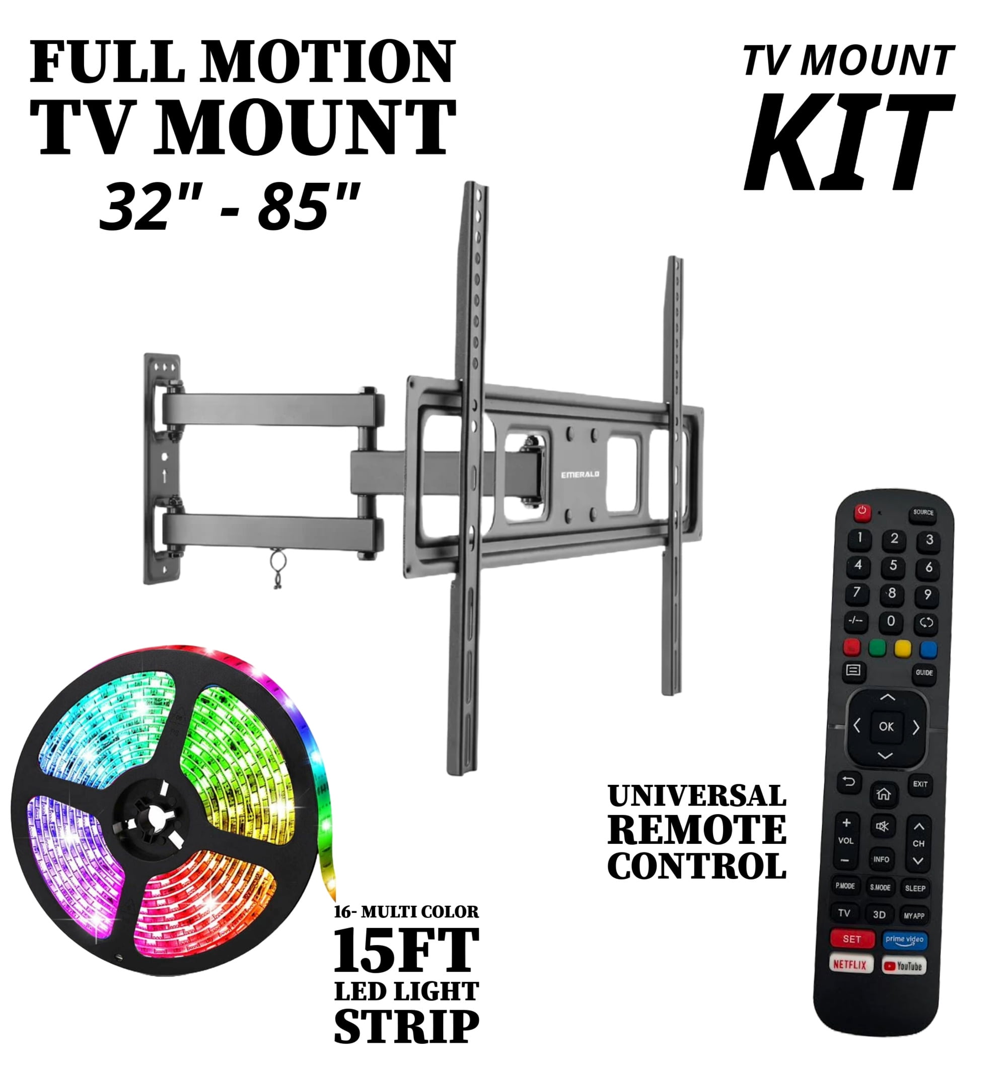 Emerald Full Motion TV Wall Mount Kit for 32-85” TVs, Swivel TV Mount ...