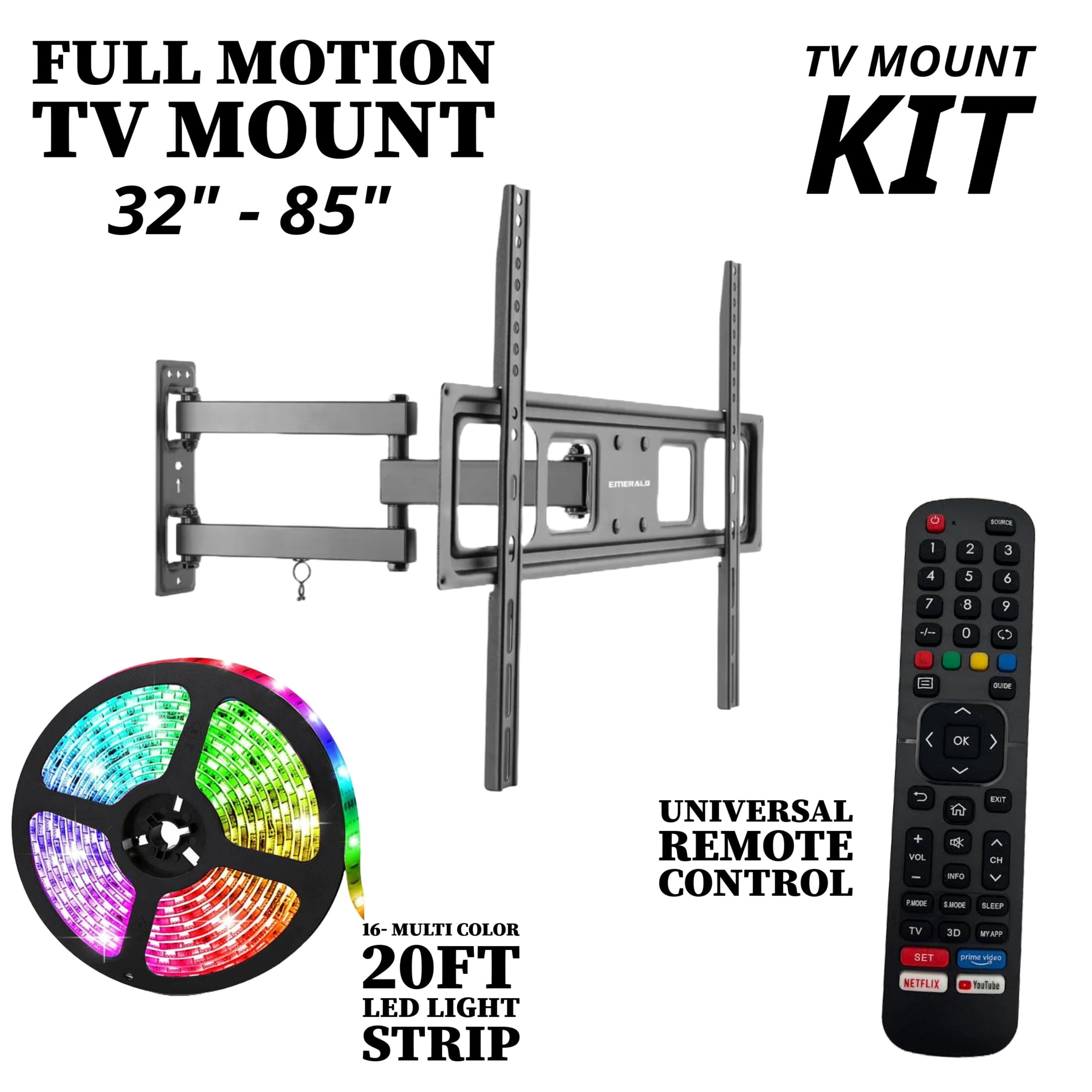 Emerald Full Motion TV Wall Mount Kit for 32-85” TVs, Swivel TV Mount ...