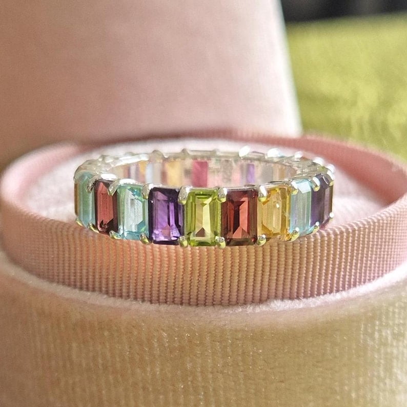Emerald Gemstone Eternity Band 925 Silver Rainbow Color Stone Wedding ...